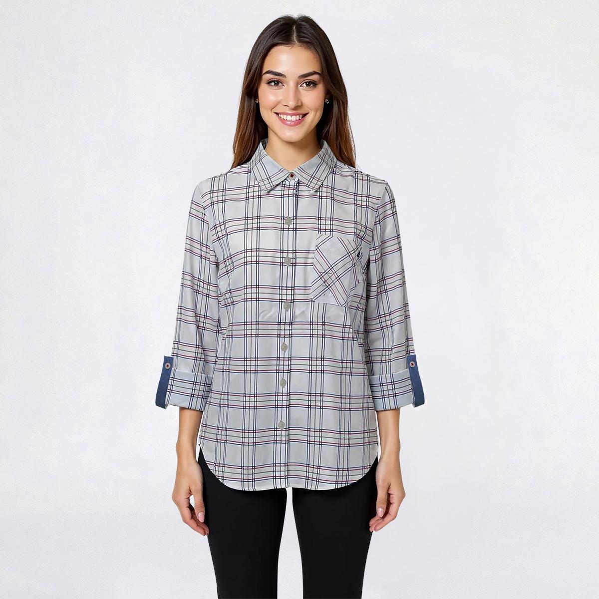 Nautica Jeans Womens Providence Plaid Cotton Roll-Tab-Sleeve Shirt - Bright White Multi